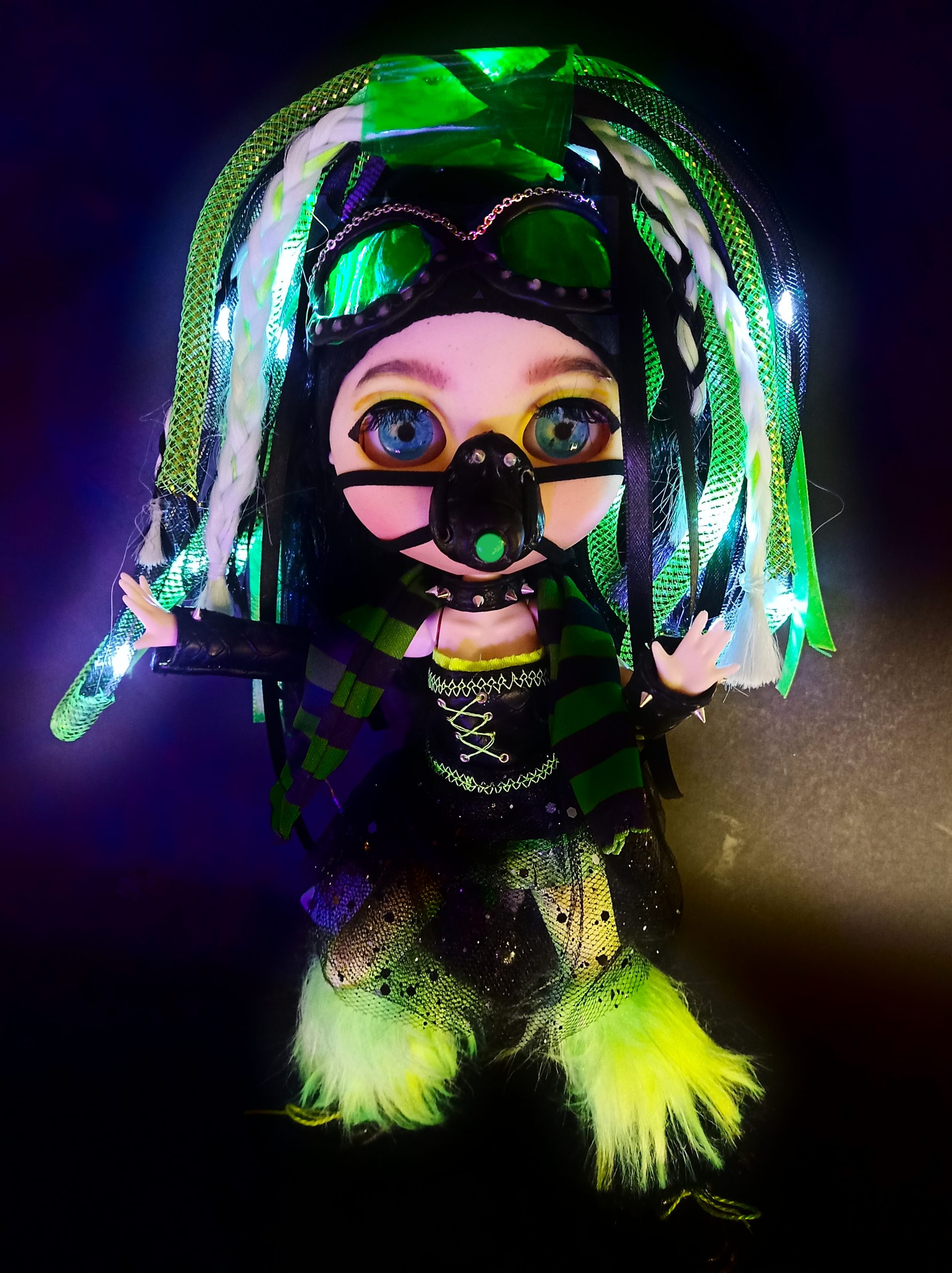 Green Themed Cybergoth Custom Blythe Doll With LED Cyberlox – Nebula Dolls
