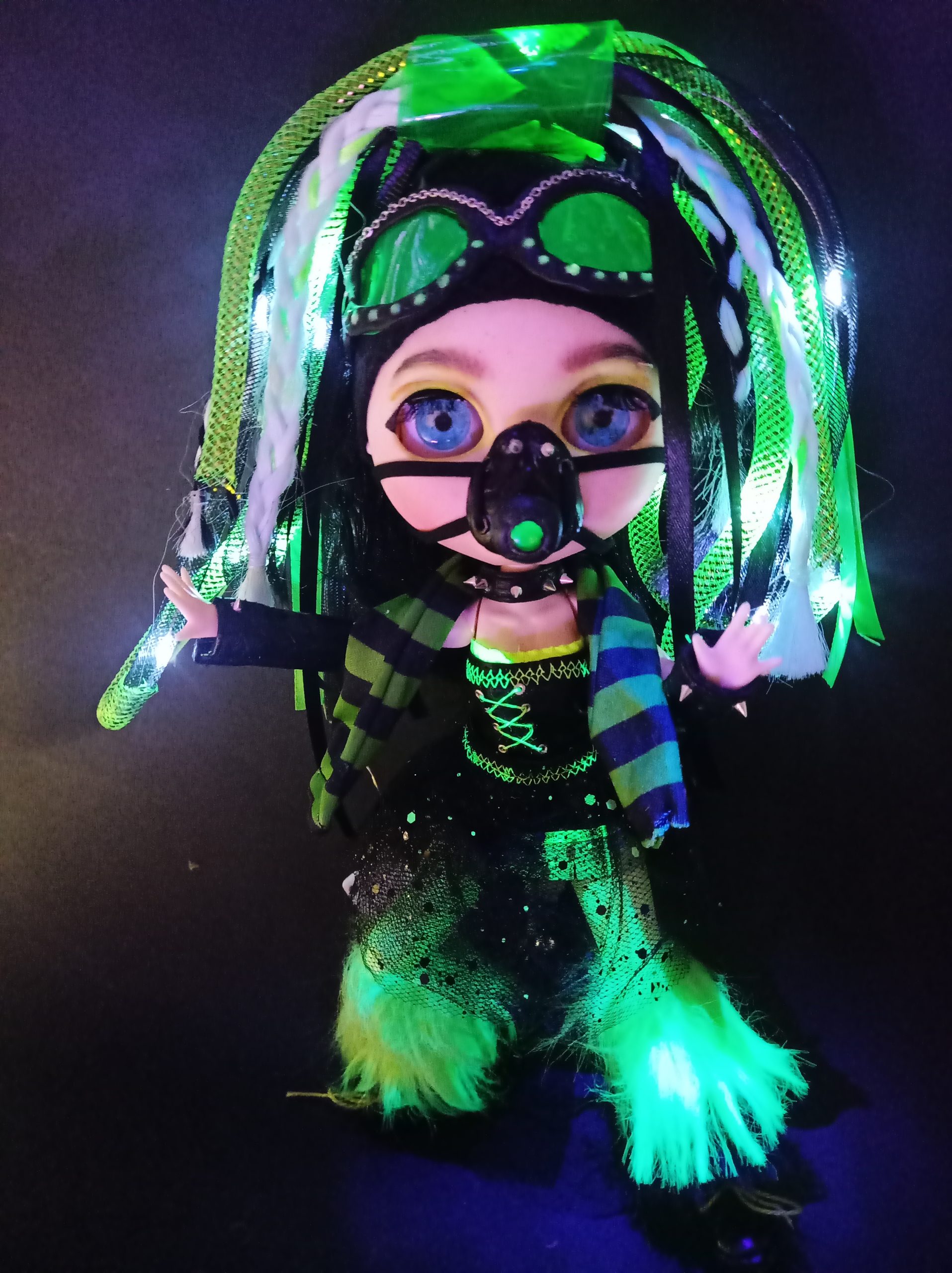 Green Themed Cybergoth Custom Blythe Doll With LED Cyberlox – Nebula Dolls