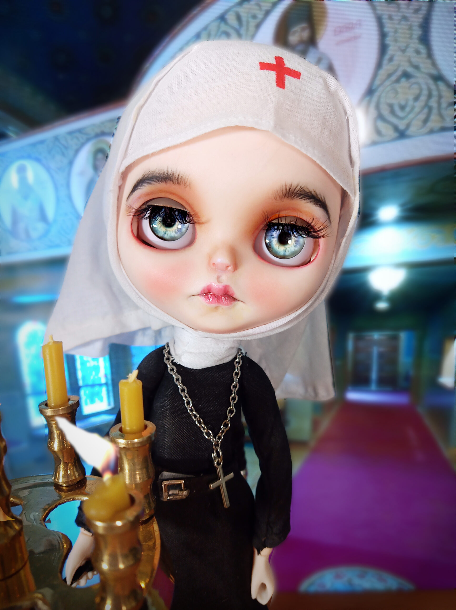 OOAK Custom Blythe Doll: Nun w/Prayer Corner (Wooden Stand Diorama ...